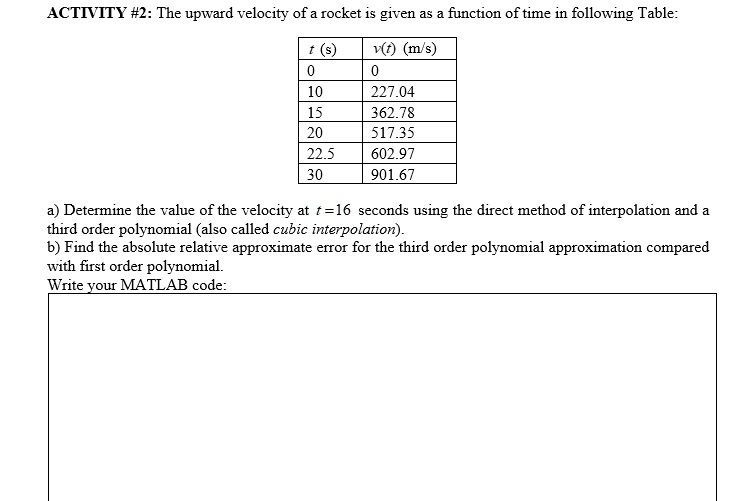 SOLVED: ACTIVITY #2: The upward velocity of a rocket is given as function of time in following ...