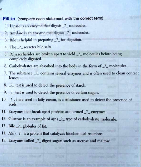 SOLVED: Lab report 46 exercise: Enzymes and Digestion fill-in Fill-in ...