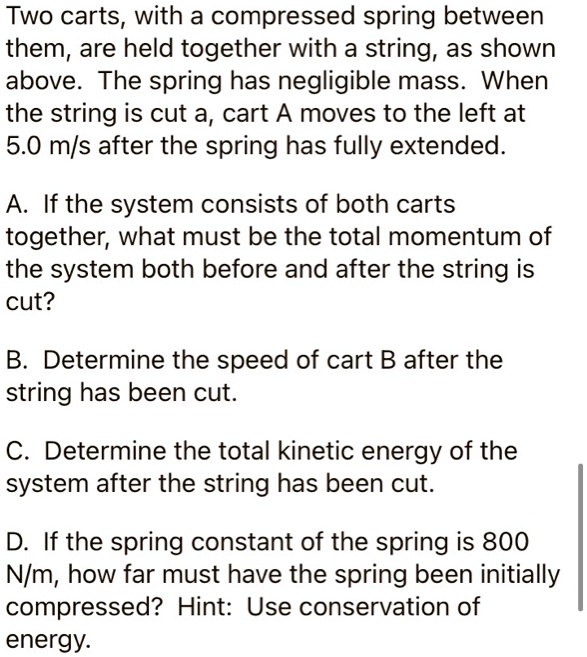 two carts with compressed spring between them are held together with a string as shown above the ...