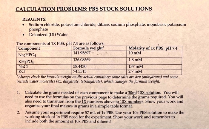SOLVED: CALCULATION PROBLEMS: PBS STOCK SQLUTIONS REAGENTS: Sodium ...
