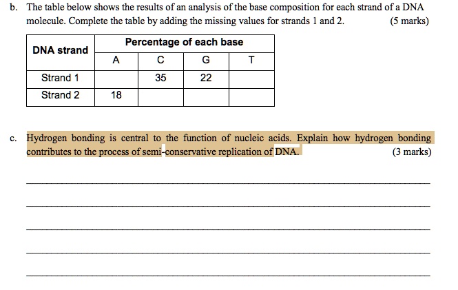 b. The table below shows the results of an analysis of the base composition for each strand of a ...