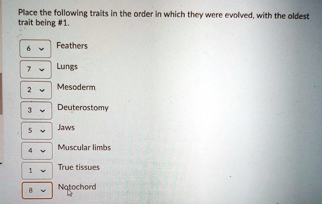 SOLVED: Place the following traits in the order in which they were evolved, with the oldest ...