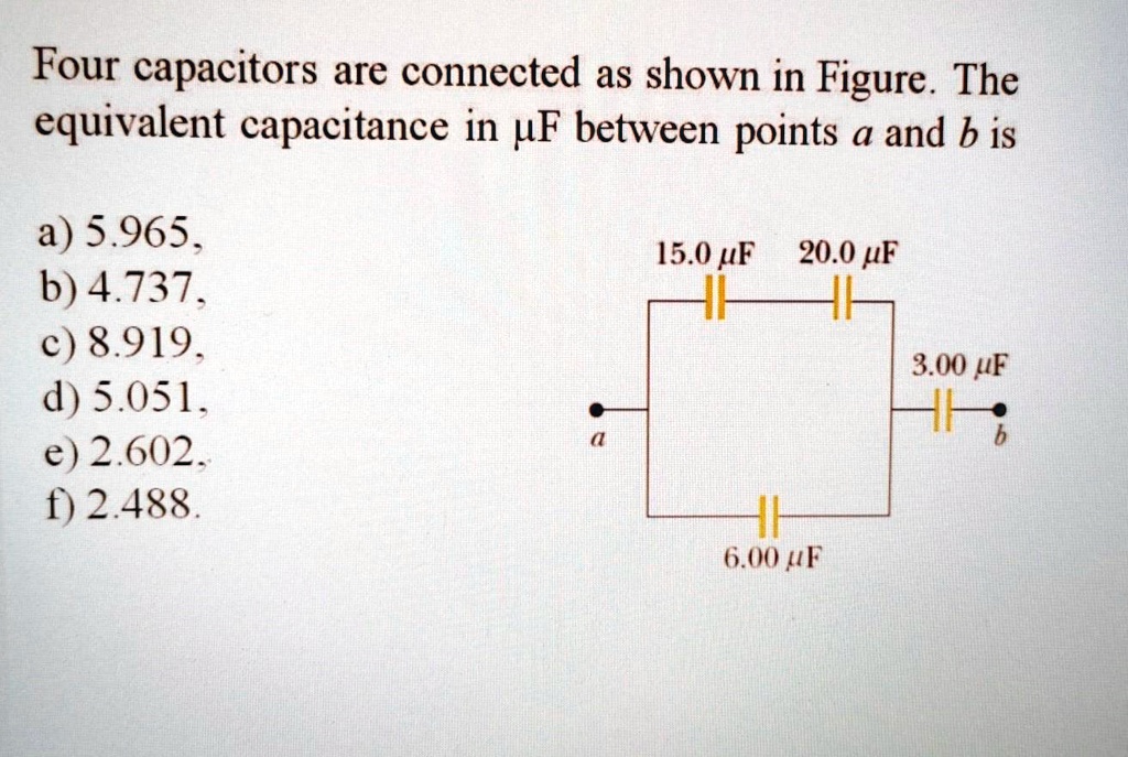 SOLVED: Four capacitors are connected as shown in Figure. The equivalent capacitance in AF ...