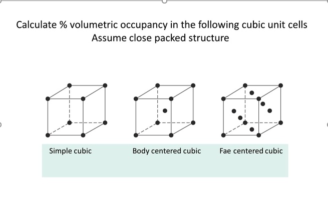 SOLVED: Calculate % volumetric occupancy in the following cubic unit cells Assume closepacked ...