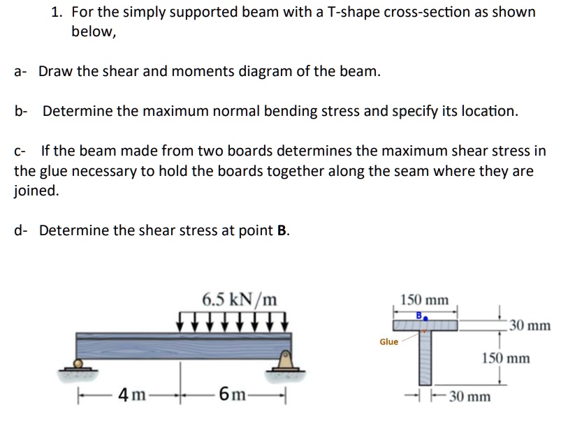 1. For the simply supported beam with a T-shape cross-section as shown below, a- Draw the shear ...