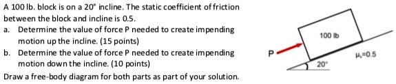 SOLVED: A 100 lb block is on a 20Â° incline. The static coefficient of ...