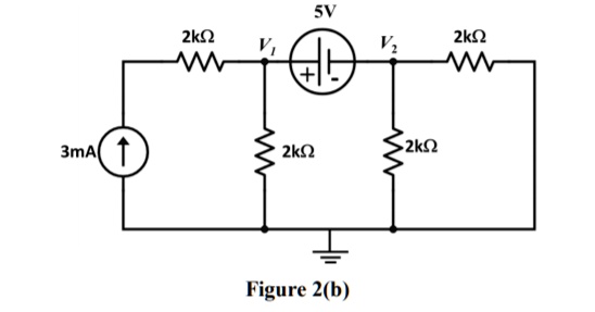 SOLVED: Using nodal analysis, determine the voltage, V1 and V2 in the circuit shown in Figure Q2 ...