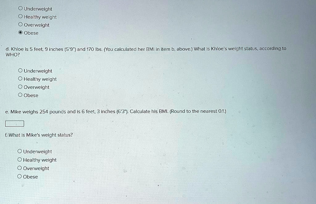 SOLVED: Underweight Healthy weight Overweight Obese Khloe is 5 feet 9 ...