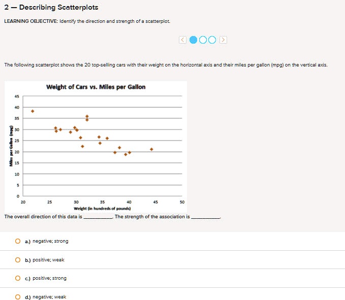 SOLVED: 2 - Describing Scatterplots LEARNING OBJECTIVE: Identifying the ...