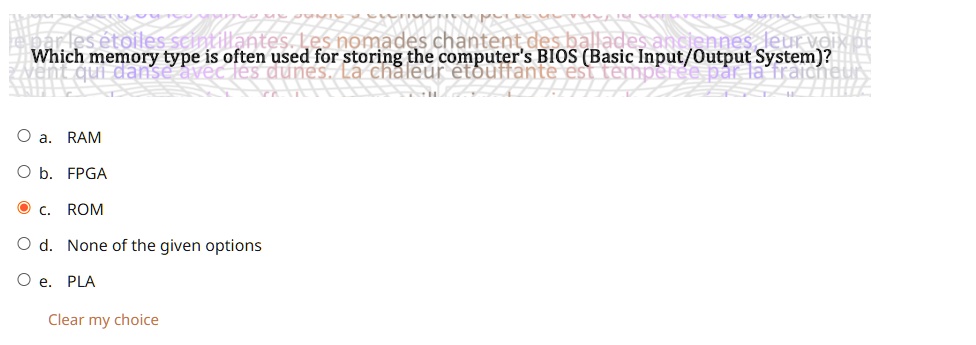 Which memory type is often used for storing the computer's BIOS (Basic Input/Output System)? a ...