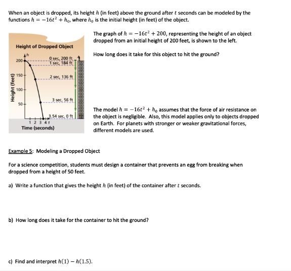 SOLVED: When an object is dropped, its height h (in feet) above the ground after t seconds can ...