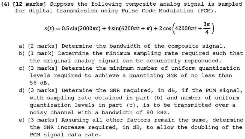 SOLVED: (4) [12 marks] Suppose the following composite analog signal is sampled for digital ...