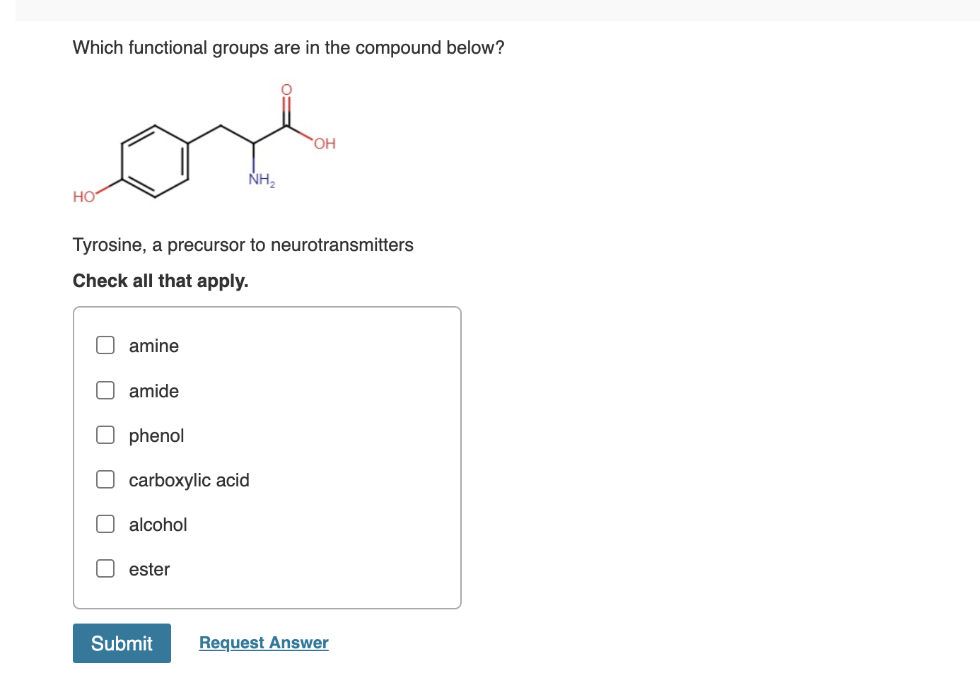 which functional groups are in the compound below tyrosine a precursor to neurotransmitters ...