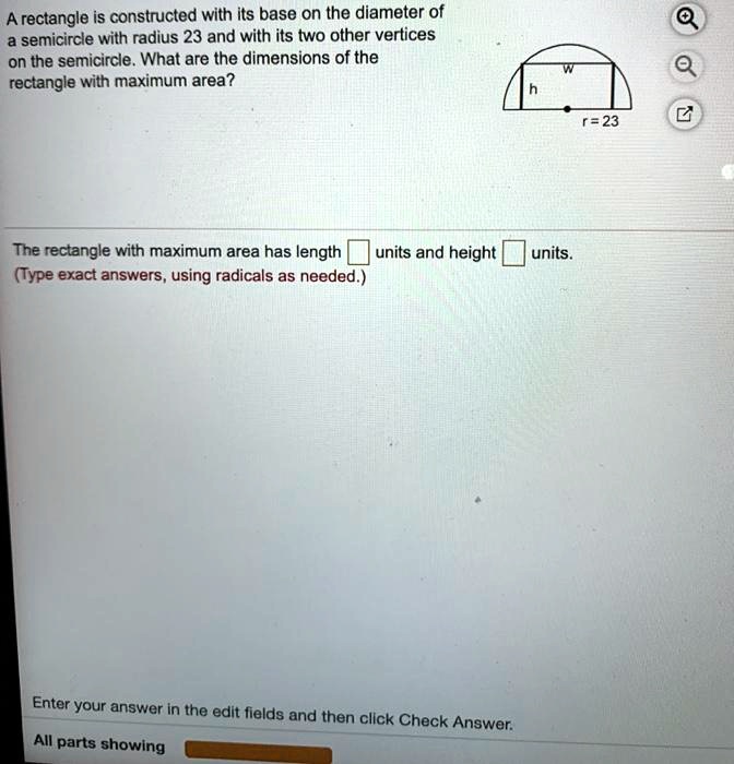 a rectangle is constructed with its base on the diameter of a semicircle with radius 23 and with ...