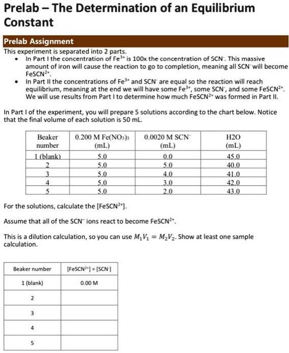 please help prelab the determination of an equilibrium constant prelab ...