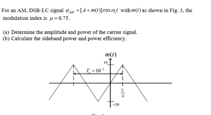 SOLVED: For an AM, DSB-LC signal v = [A + m(t)]cos(t) with m(t) as shown in Fig. 3, the ...