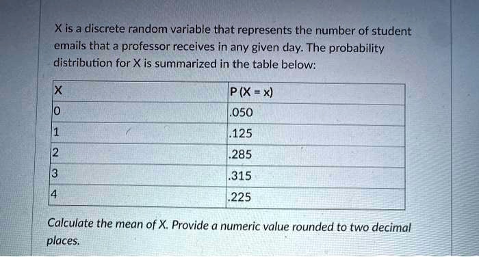 SOLVED: Xis a discrete random variable that represents the number of student emails that a ...