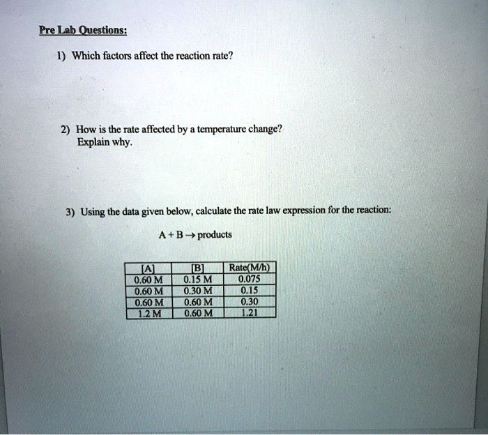 SOLVED: Pre Lab Questions: 1) Which factors affect the reaction rate ...
