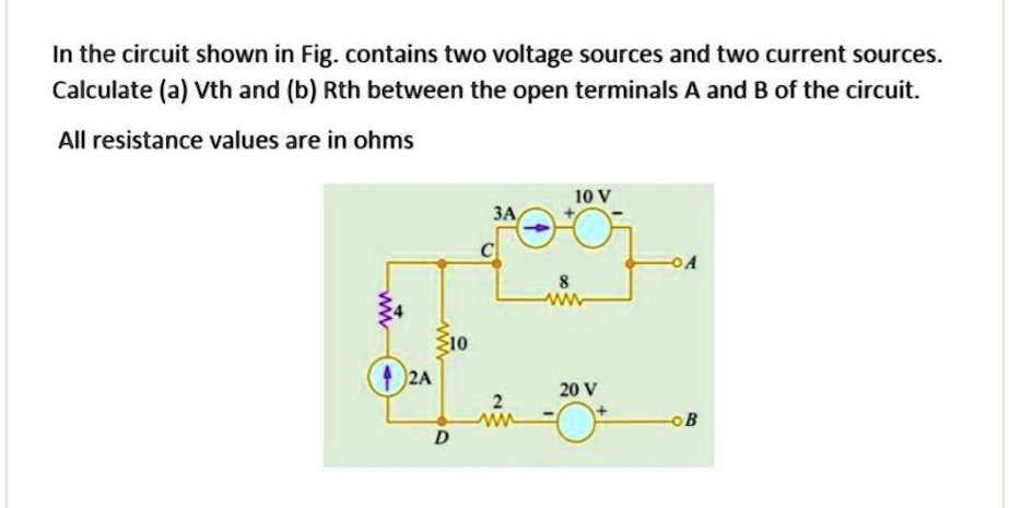 In the circuit shown in Fig. contains two voltage sources and two current sources. Calculate (a ...