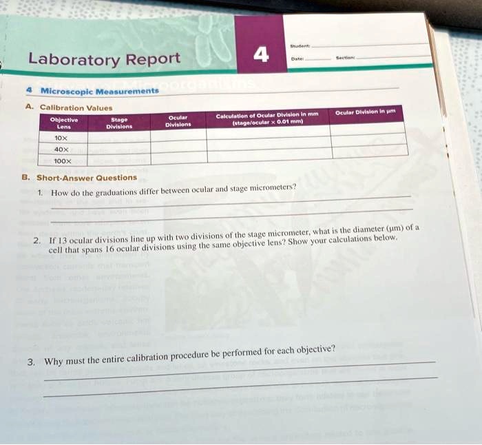 laboratory report 4 microscopic measurements a calibration values ...