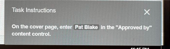 On the cover page, enter Pat Blake in the "Approved by" content control.