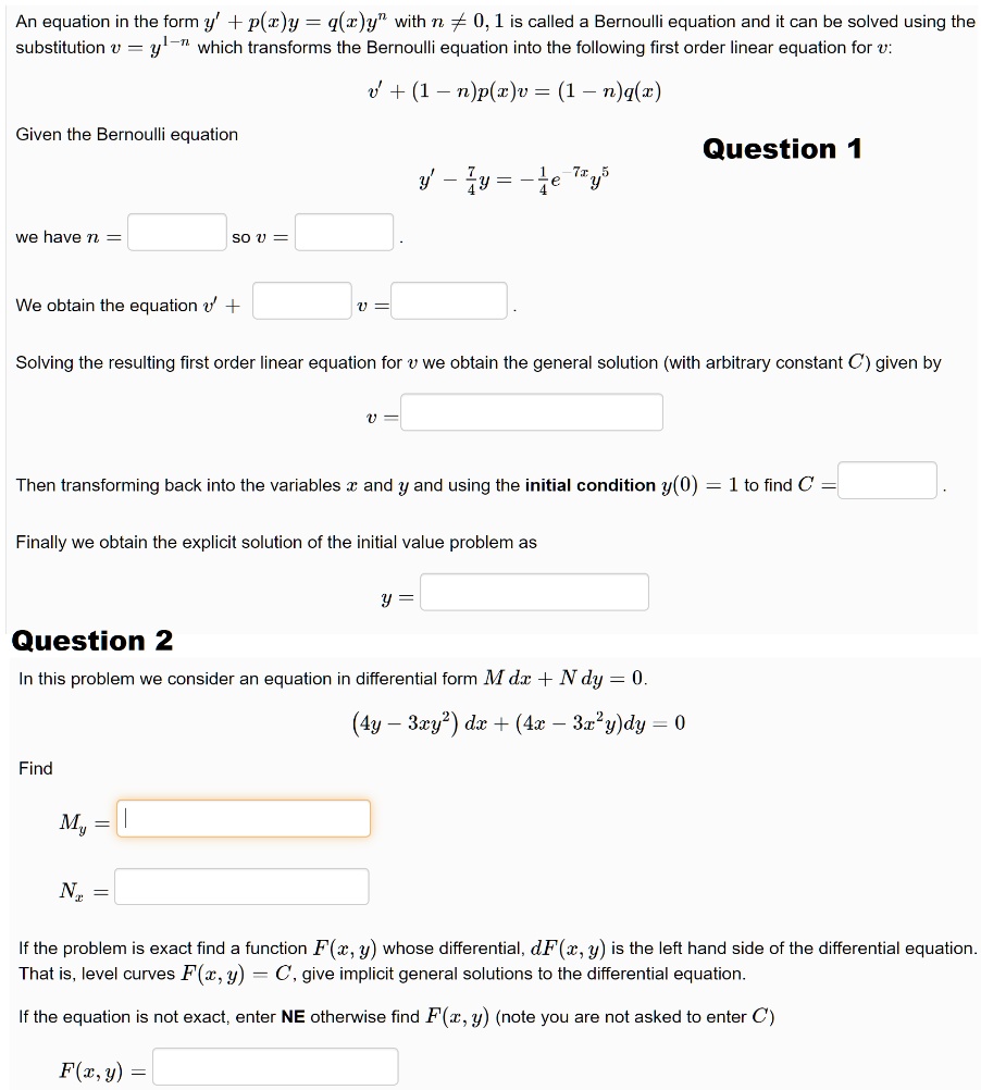 SOLVED: An equation in the form y' + p(z)y dr)y" with n = 0, 1 is ...