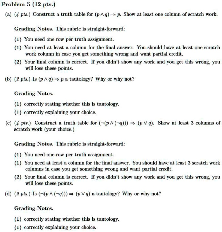 Problem 5 (12 pts.) (a) (4 pts.) Construct a truth table for (p q) p ...