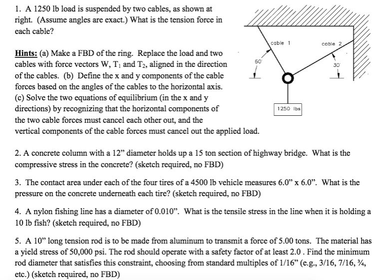 a 1250 ib load is suspended by two cables as shown at right assume ...