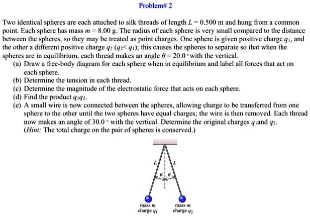 SOLVED: Problem #2 Two identical spheres are each attached to silk threads of length L = 0.500 m ...