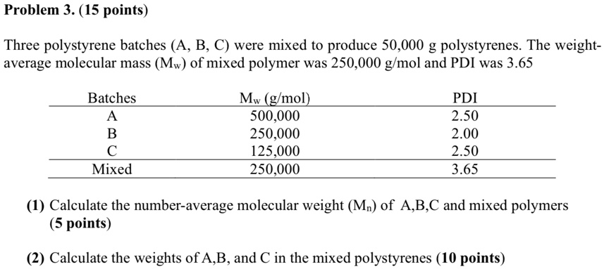 Problem 3. (15 points) Three polystyrene batches (A, B, C) were mixed ...