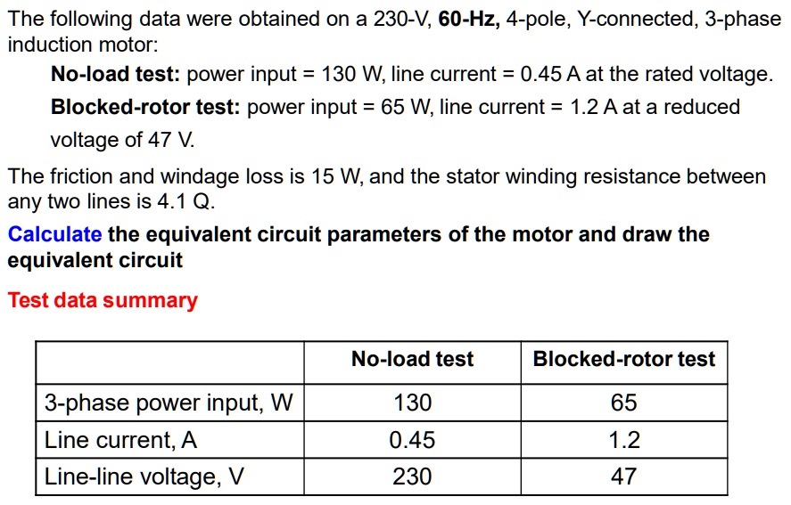 the following data were obtained on 230 v 60 hz 4 pole y connected 3 ...