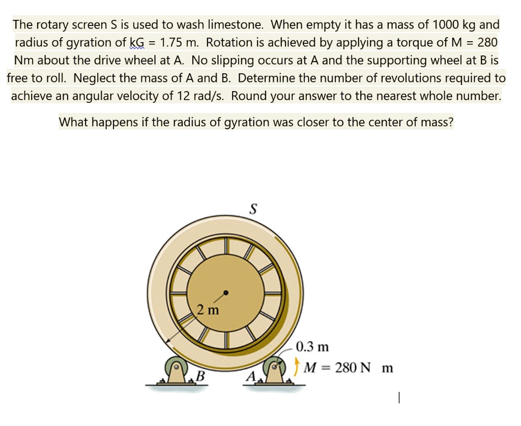 SOLVED: The rotary screen S is used to wash limestone. When empty, it has a mass of 1000 kg and ...