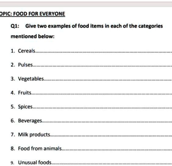 OPIC: FOOD FOR EVERYONE Q1: Give two examples of food items in each of ...