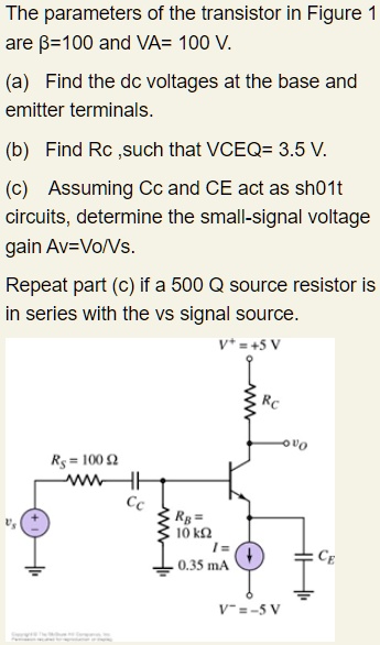 SOLVED: The parameters of the transistor in Figure 1 are Î² = 100 and VA = 100V. (a) Find the dc ...
