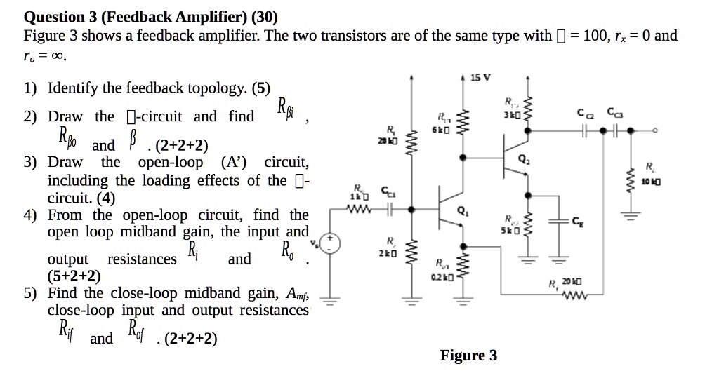 SOLVED: Question 3 (Feedback Amplifier) (30) Figure 3 shows a feedback amplifier. The two ...