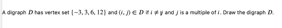 SOLVED: A digraph D has vertex set -3, 3, 6, 12 and (i, j) âˆˆ ED if i divides j and j is a ...