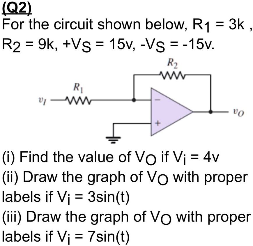 SOLVED: (Q2) For the circuit shown below, R1 = 3k R2 = 9k, +Vs = 15v, -Vs = -15v. R2 WWW R. 00 ...