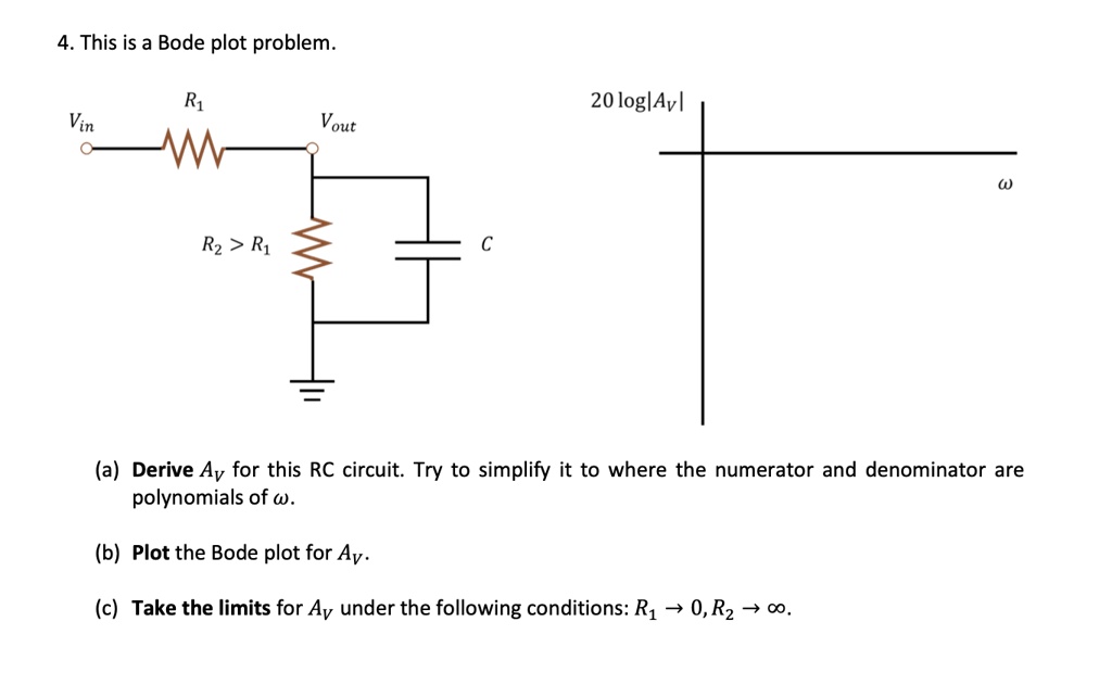 SOLVED: This is a Bode plot problem. R1 20log|Av| Vin Vout VV R2 > R1 (a) Derive Ay for this RC ...
