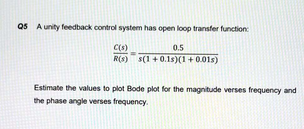 SOLVED: A unity feedback control system has an open-loop transfer function: C(s) = 0.5 / (s^2 ...