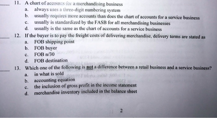 SOLVED: A chart of accounts for a merchandising business: a. always ...