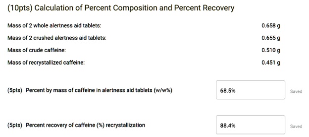 (10pts) Calculation of Percent Composition and Percent Recovery Mass of ...