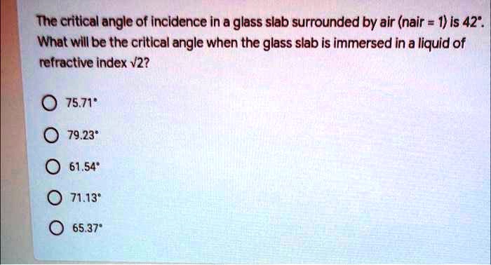 SOLVED: The critical angle of incidence in a glass slab surrounded by ...