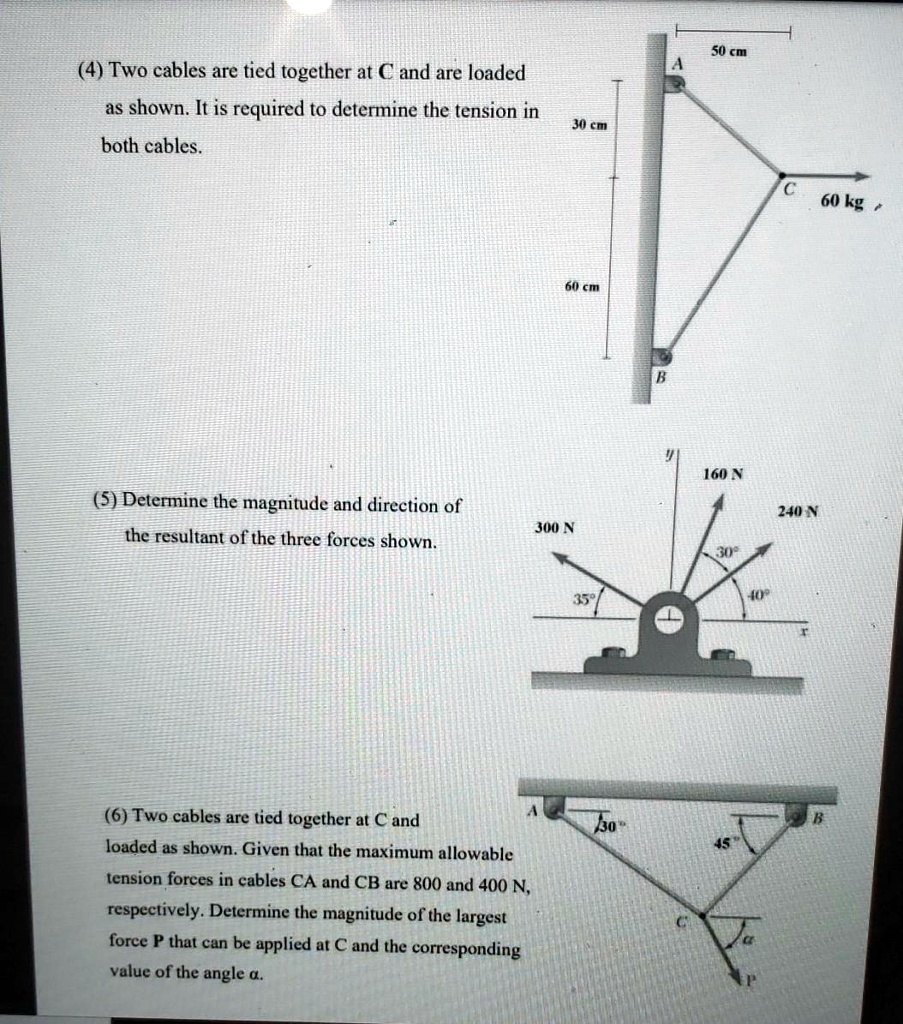 SOLVED: 50 cm (4) Two cables are tied together at € and are loaded as ...