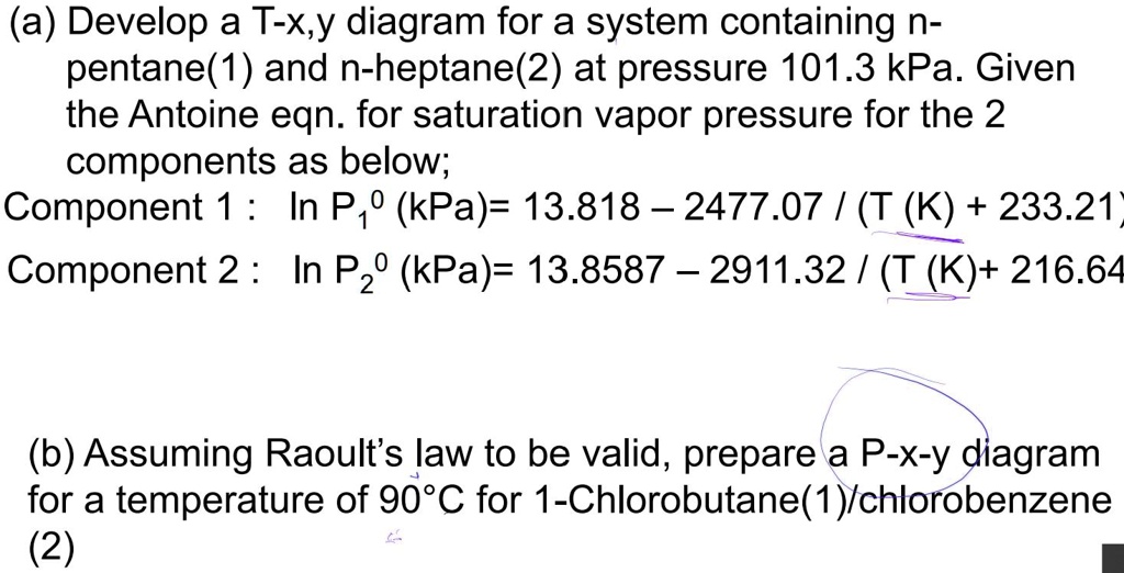 (a) Develop a T-x,y diagram for a system containing n-pentane(1) and n ...