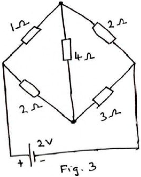 In the circuit shown in Fig.3, calculate the current flowing through the 4 ohm resistance using ...