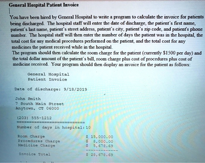 SOLVED: General Hospital Patient Invoice You have been hired by General ...
