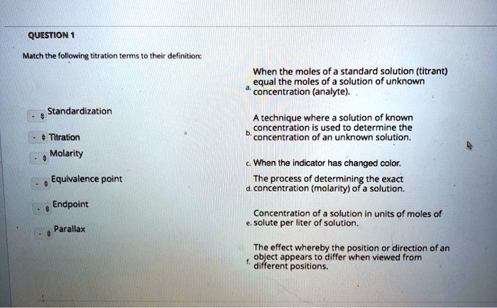 SOLVED: QuESTIon Match the following titration terms their definition: When the moles of a ...