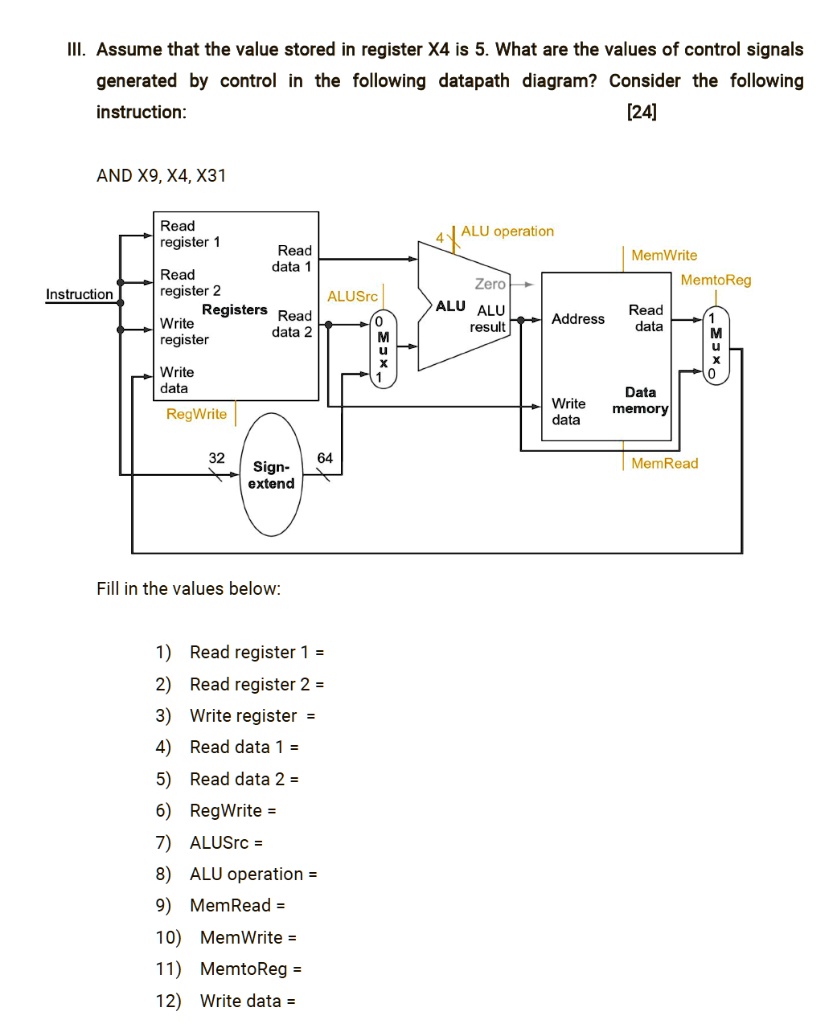 SOLVED: III. Assume that the value stored in register X4 is 5. What are the values of control ...