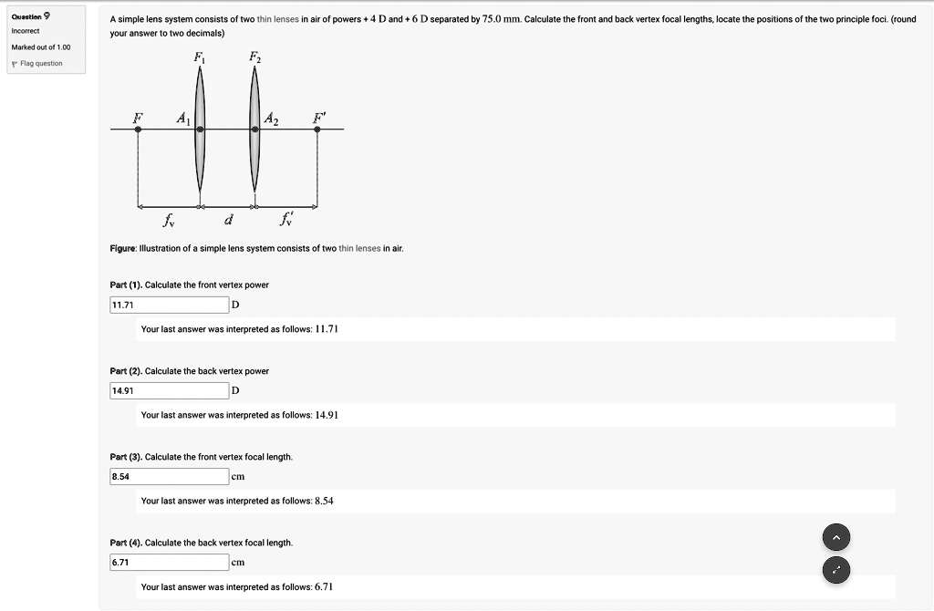 SOLVED: Texts: 6 uopseno Incorrect A simple lens system consists of two ...
