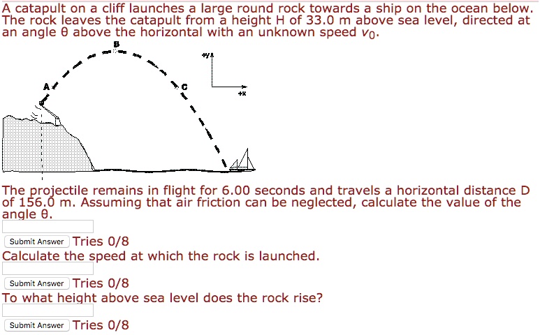 A catapult on a cliff launches a large round rock towards a ship on the ...